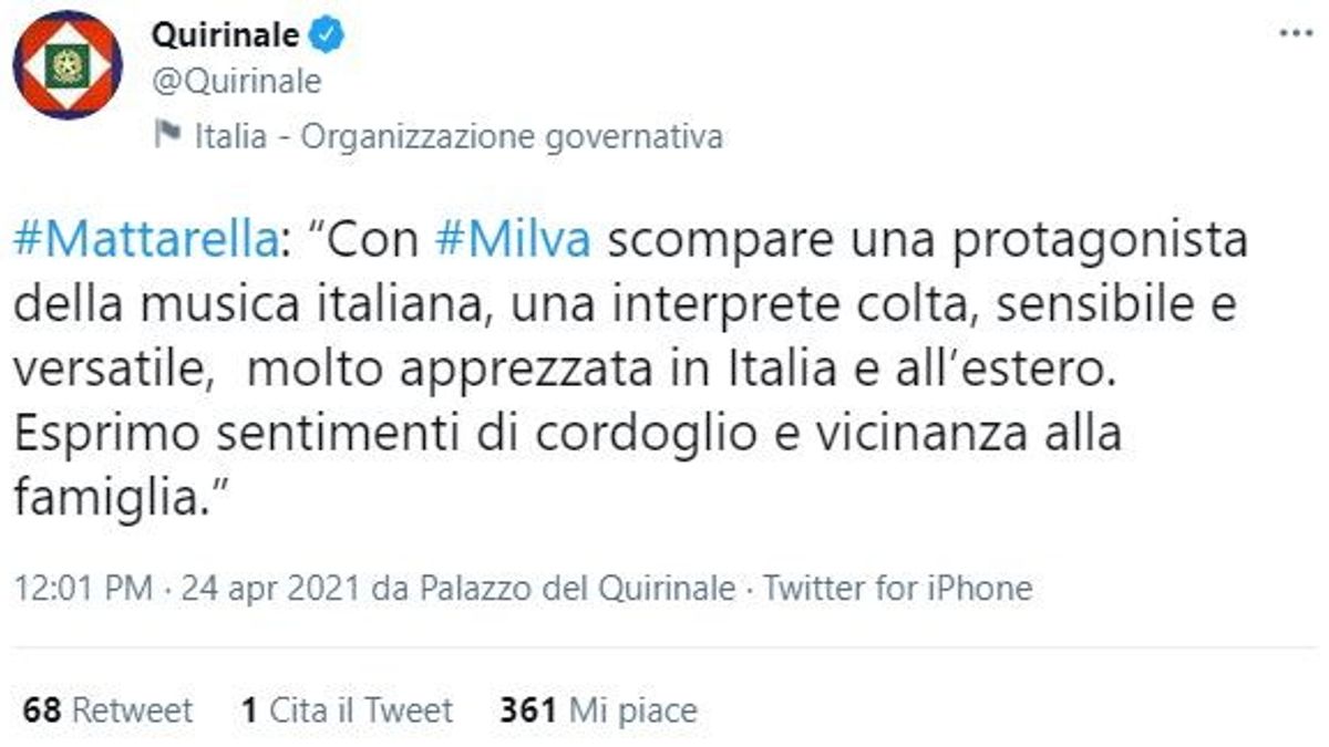 Mattarella: "Con Milva scompare interprete colta e sensibile" - Tgcom24