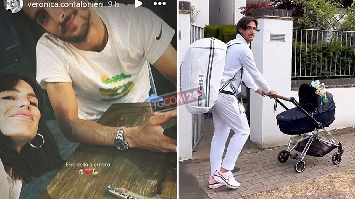 Lorenzo Musetti a Wimbledon con la compagna Veronica e il figlio